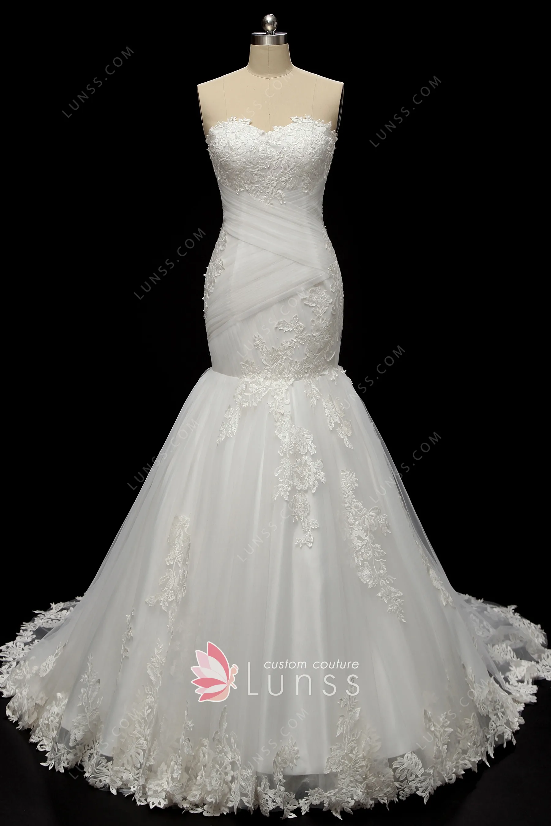 Strapless Lace and Pleated Tulle Trumpet Wedding Dress - Lunss