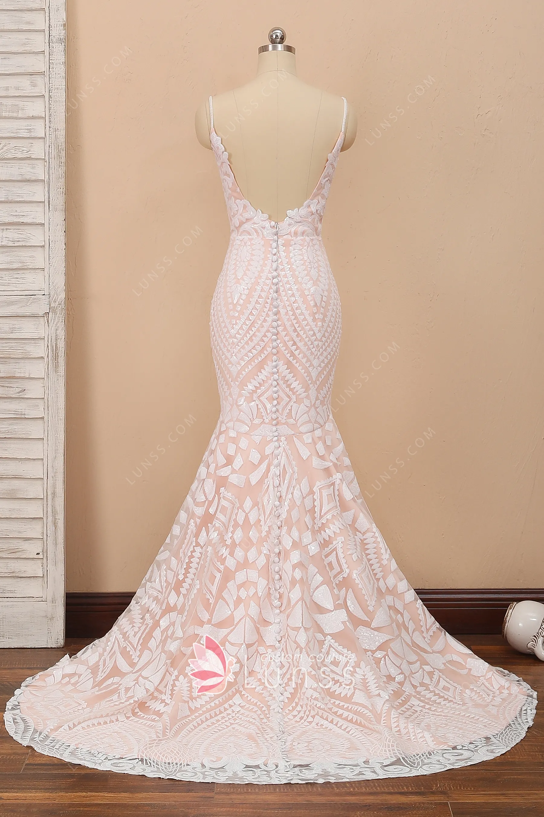 Blush Satin with Unique White Sequin Mermaid Prom Dress - Lunss