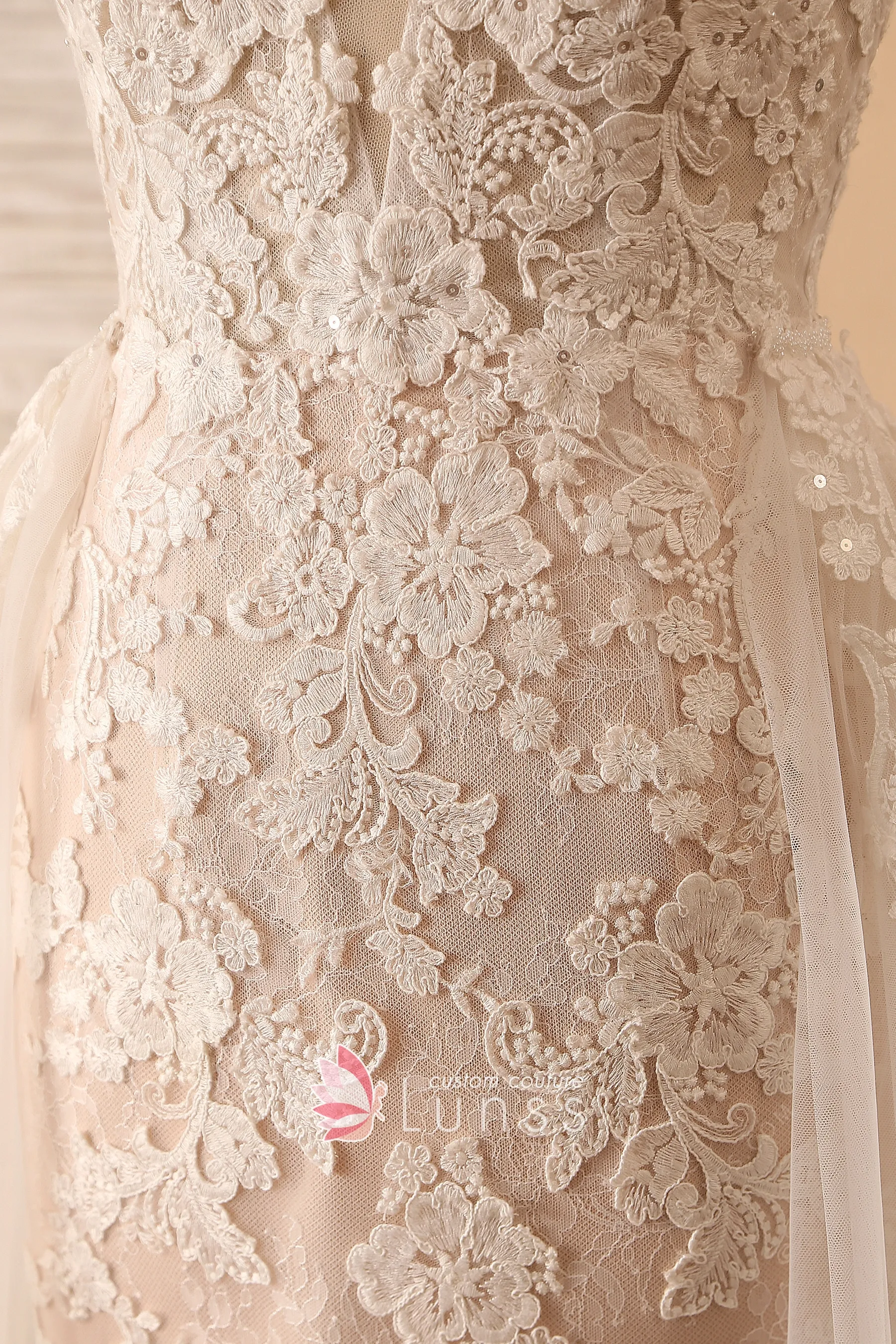 Lace Plunging Neckline Peach Wedding Dress with Overskirt - Lunss