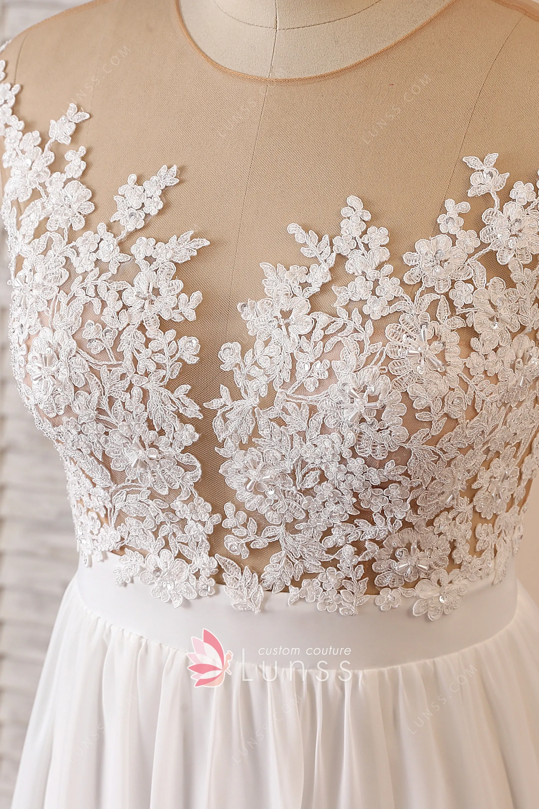 Sequinned Sheer Lace and Chiffon Slit Boho Wedding Dress - Lunss