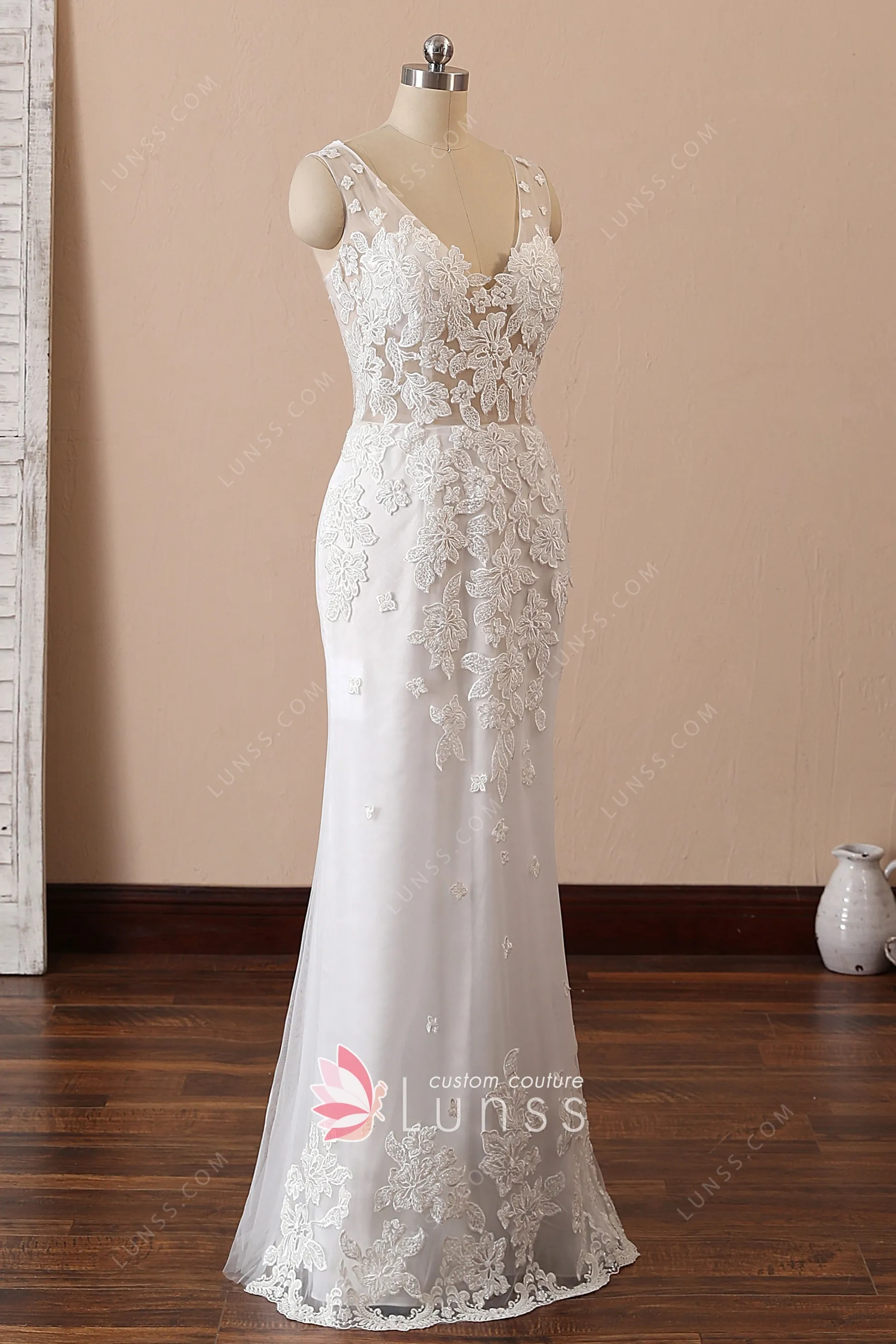 Lace Sheer V-neck Mermaid Bridal Gown with Overskirt - Lunss