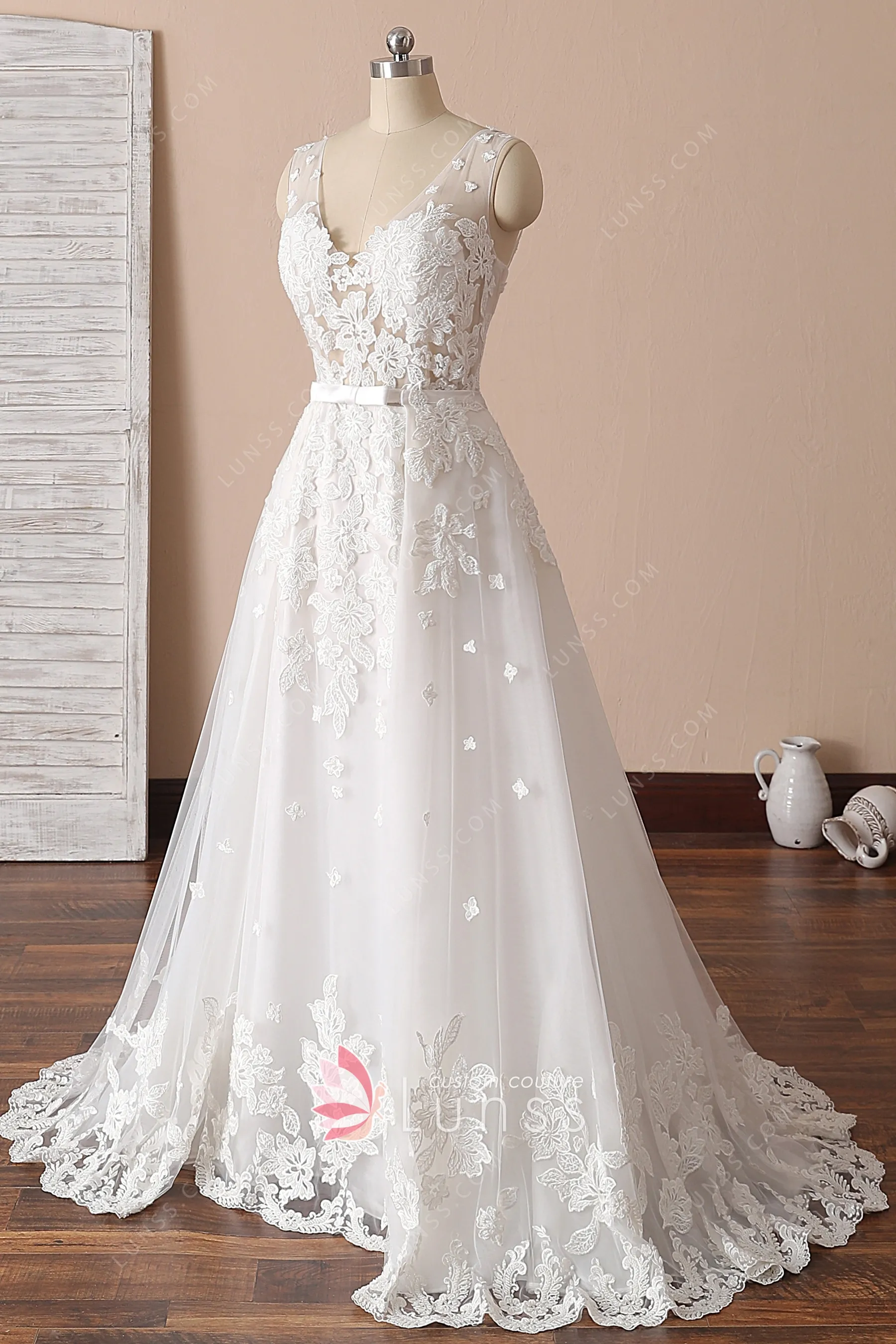 Lace Sheer V-neck Mermaid Bridal Gown with Overskirt - Lunss
