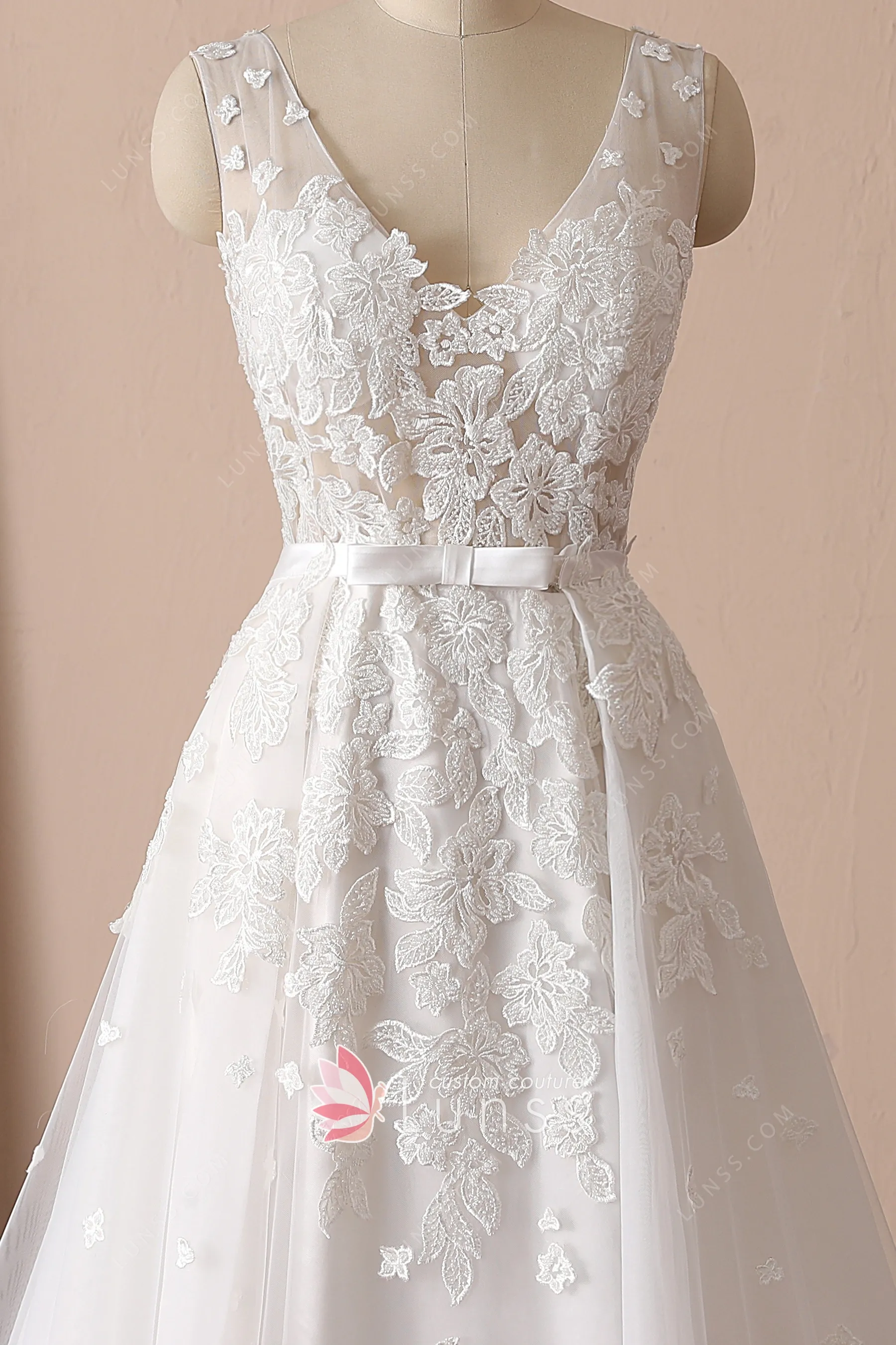 Lace Sheer V-neck Mermaid Bridal Gown with Overskirt - Lunss
