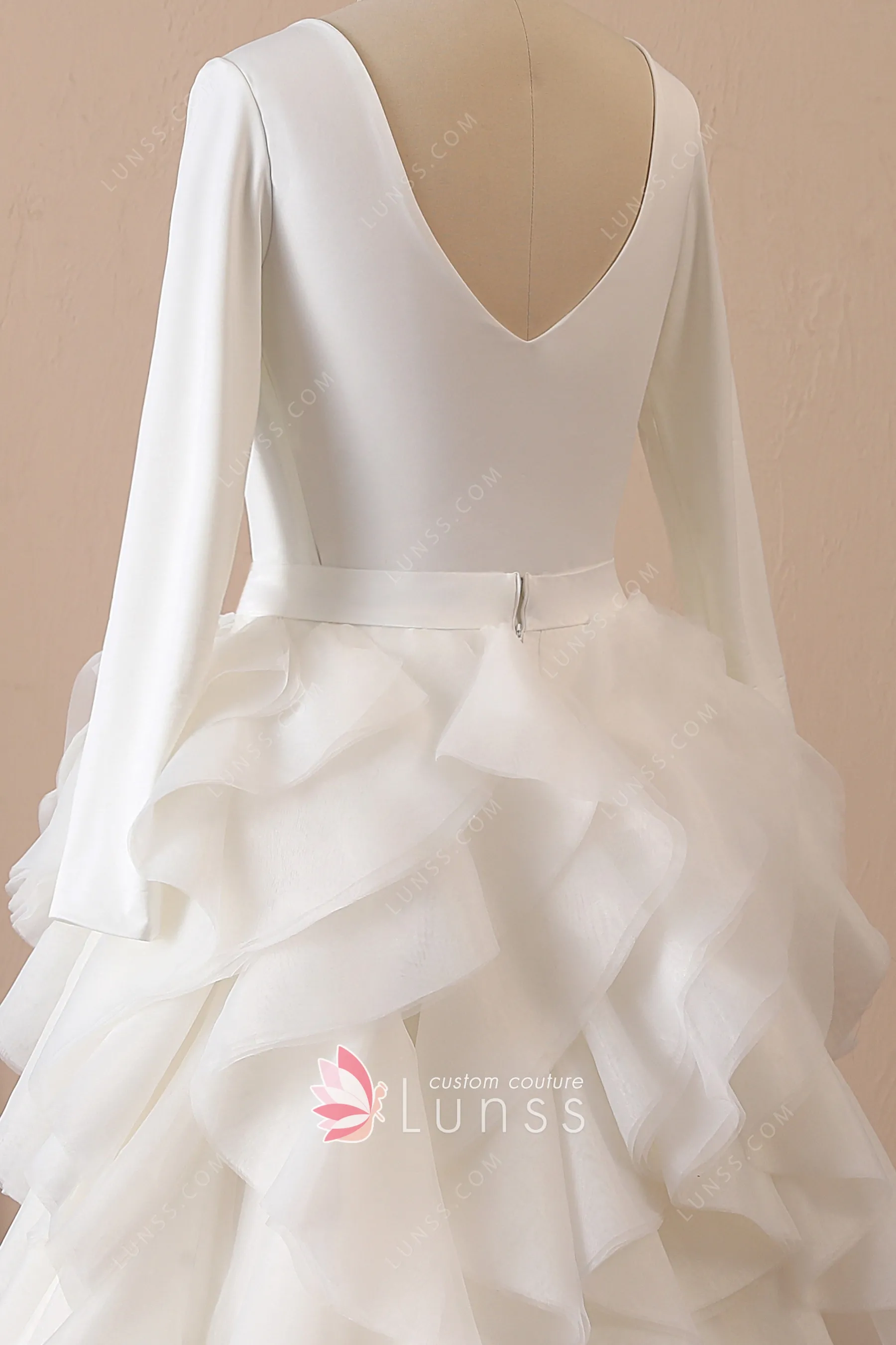 Ivory Jewel Neck Long Sleeve Ruffled Organza Bridal Gown - Lunss