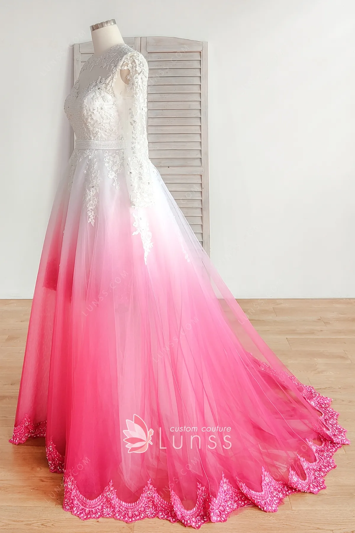 Beaded White Lace to Fuchsia Ombre Tulle Bridal Dress - Lunss