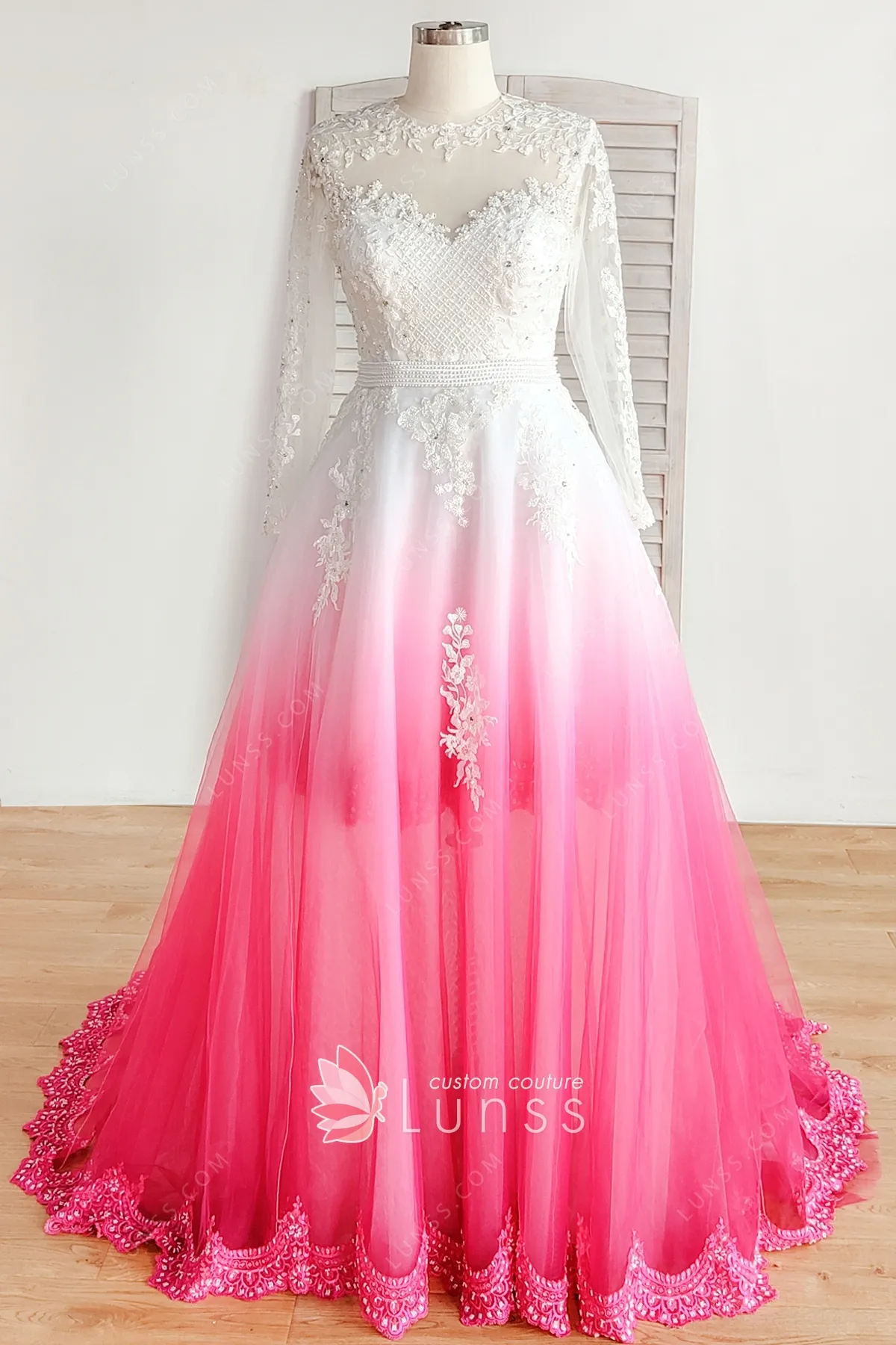 Beaded White Lace to Fuchsia Ombre Tulle Bridal Dress - Lunss