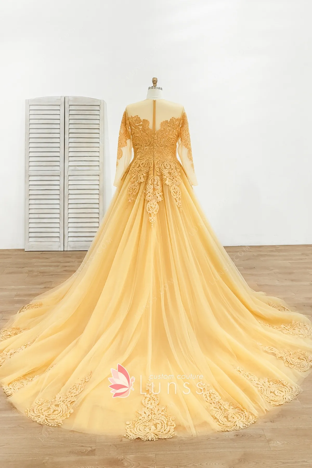 Unique Gold Lace Illusion 3/4 Sleeve Wedding Gown - Lunss