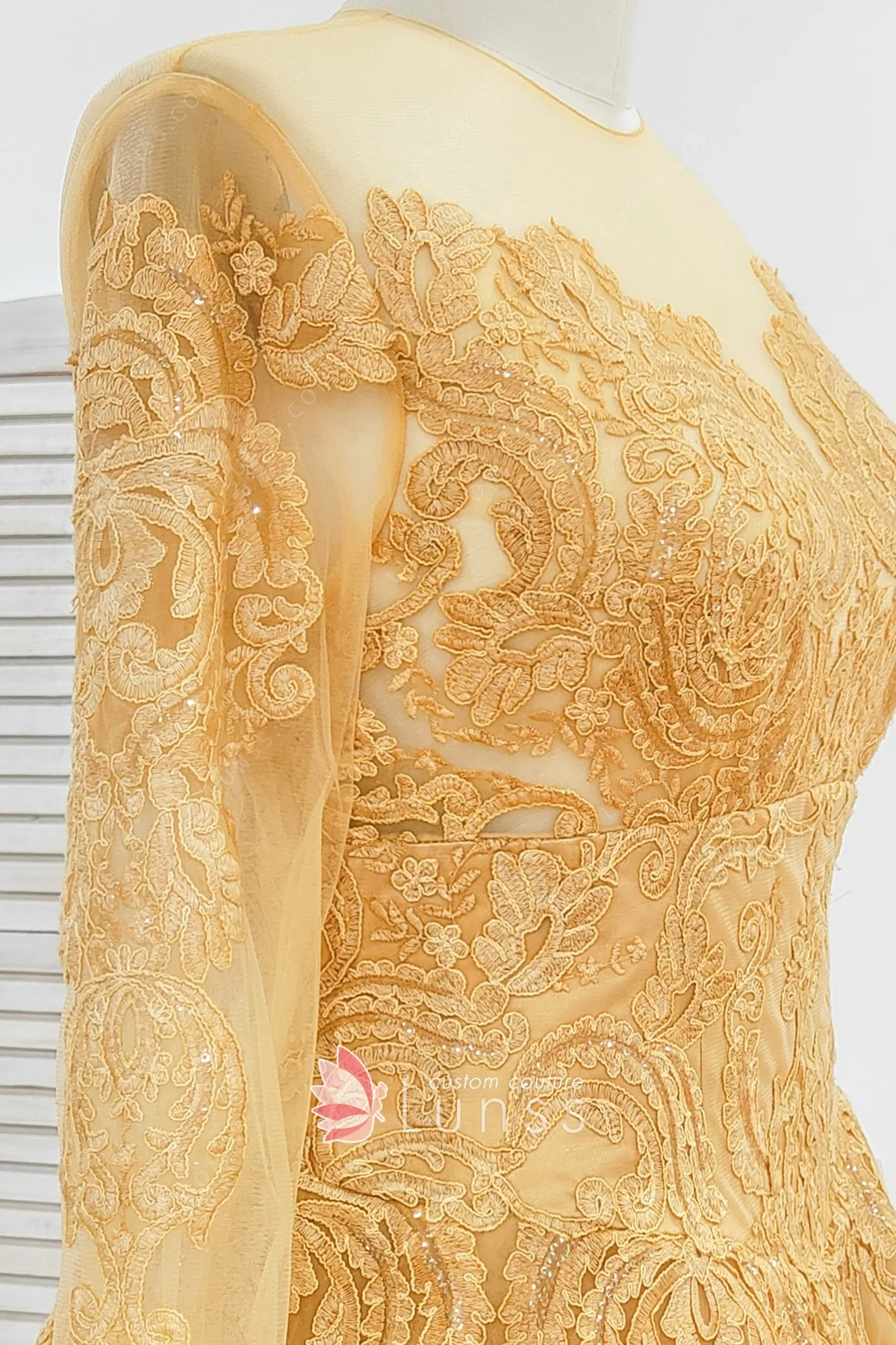 Unique Gold Lace Illusion 3/4 Sleeve Wedding Gown - Lunss