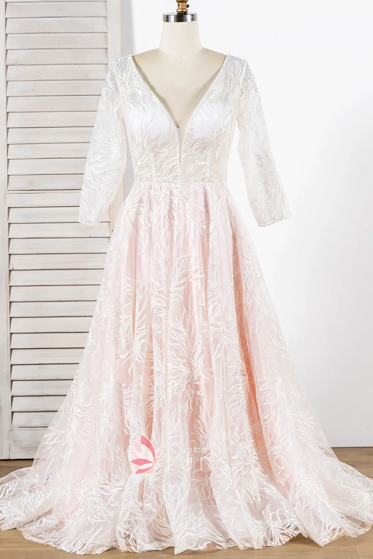 Unique Ivory Lace Overlay Pink Lining Fancy Wedding Dress - Lunss