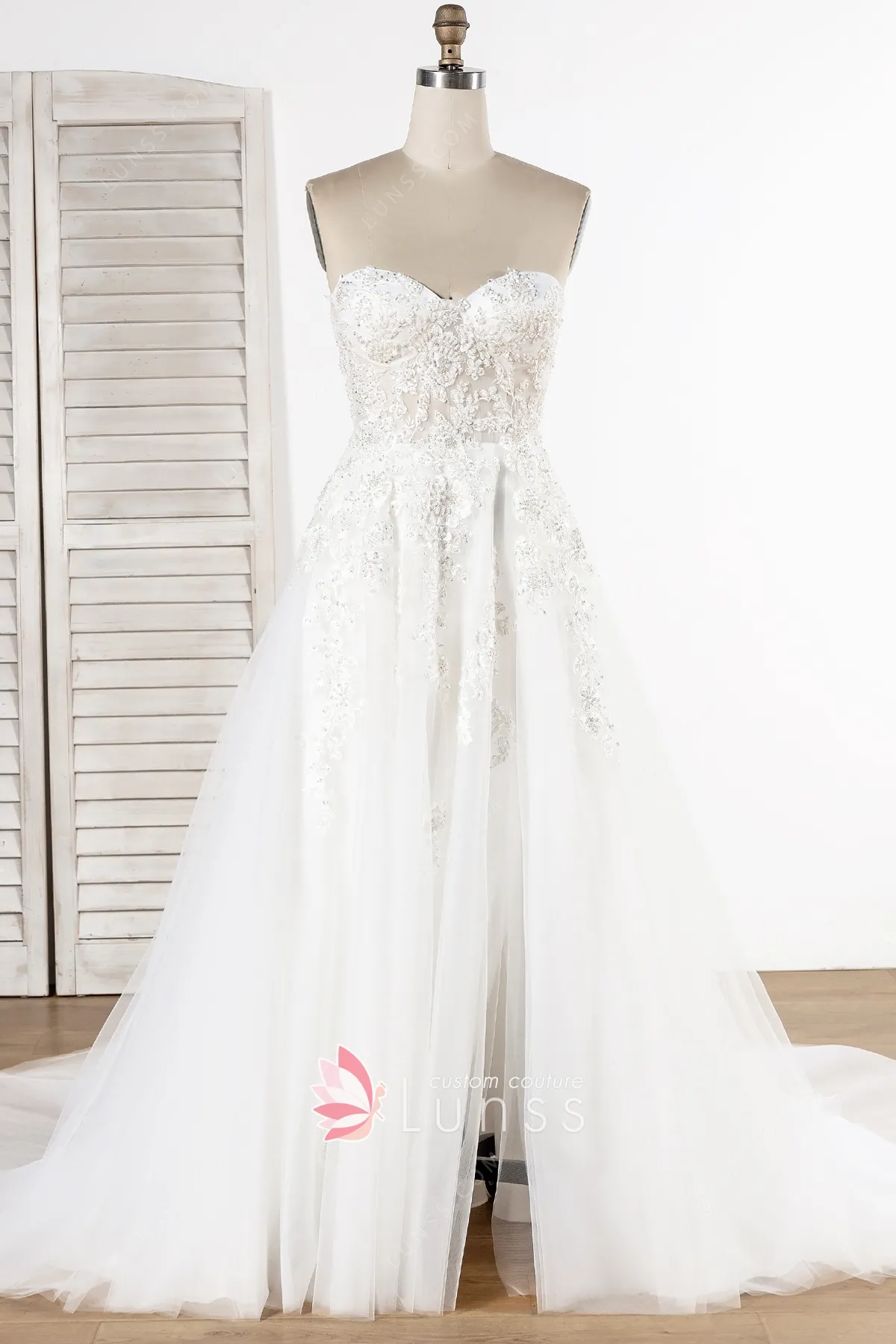 Beaded Illusion Ivory Lace Tulle Slit A-line Bridal Dress - Lunss