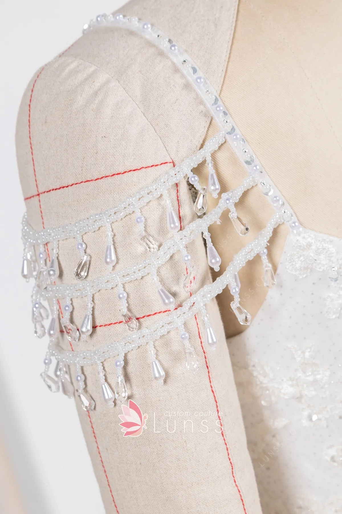 Luxury Beaded Crystal Tassels Lace and Tulle Wedding Gown - Lunss