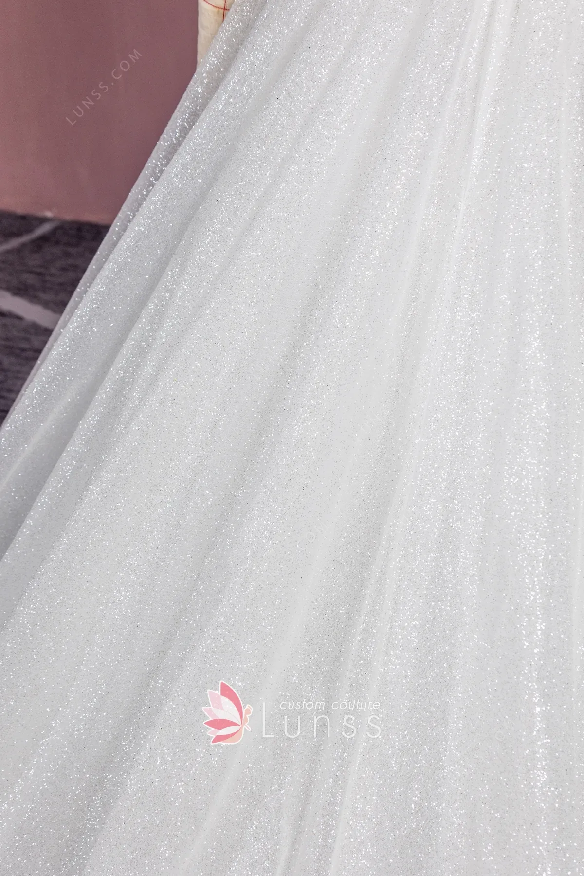 Shimmering White Glitter V-neck Off-shoulder Wedding Gown - Lunss