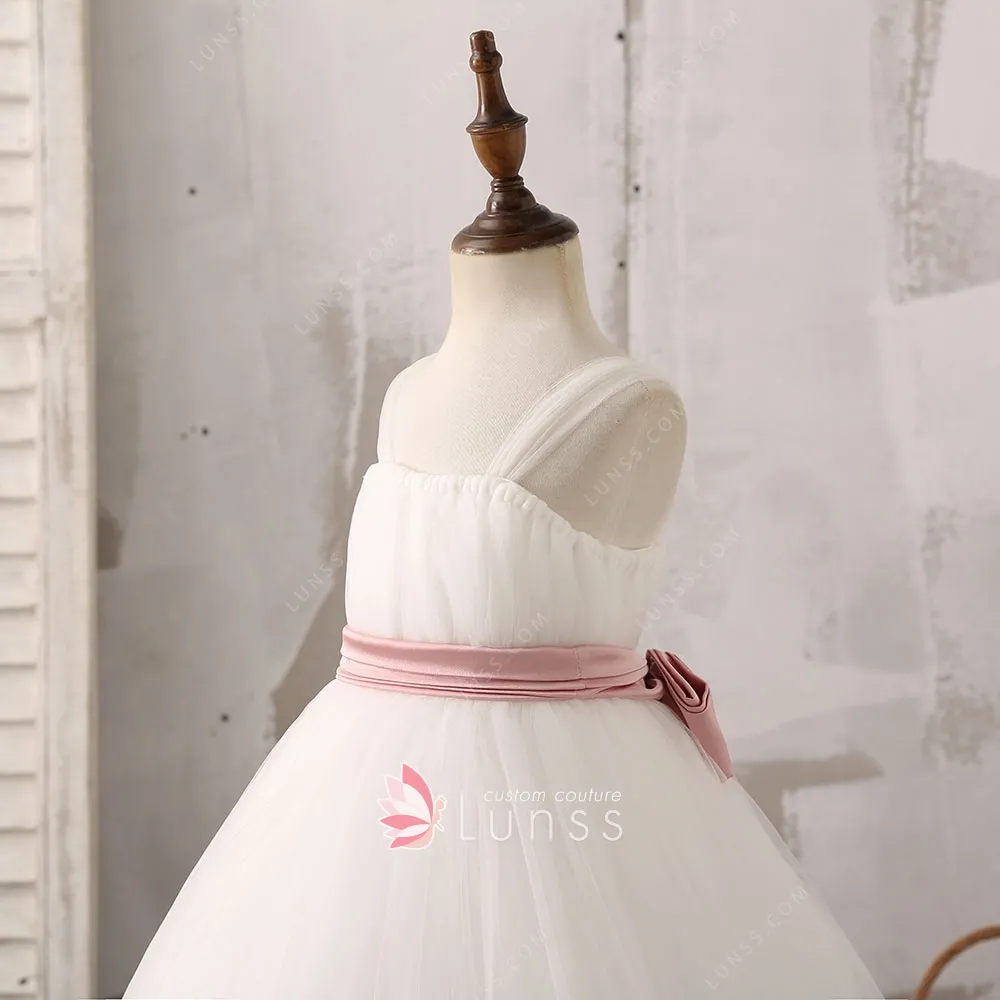 Illusion Strap Pienk Strik Wit Bloem Meisie Baljurk - Lunss