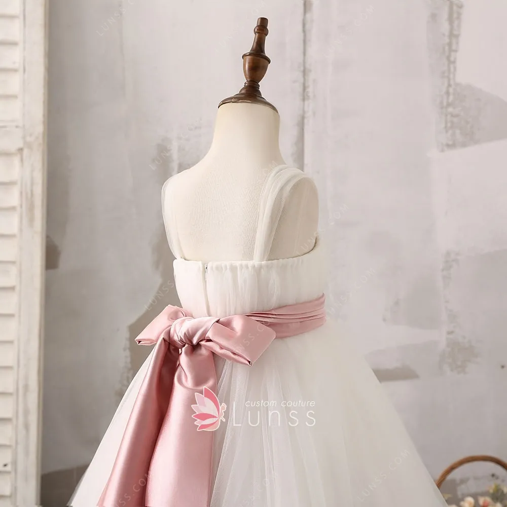 Illusion Strap Pienk Strik Wit Bloem Meisie Baljurk - Lunss